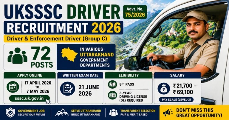 UKSSSC Driver Recruitment 2026: 72 Posts, Apply Online, Salary ₹69,100